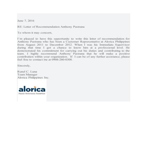 Runel Luna Team Manager Alorica Letter of Recommendation | DOCX
