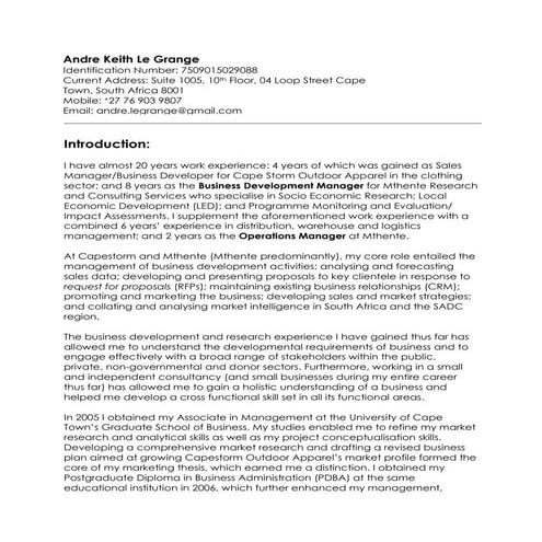 AK Le Grange_ Resume and CL BDM | PDF | Business Administration | Business