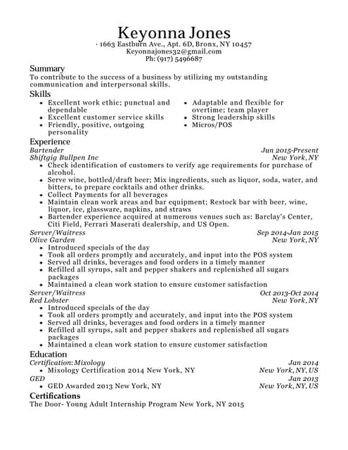 Bartender Resume | PDF