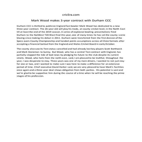 Mark Wood makes 3-year contract with Durham CCC | DOCX | Cricket | Sports