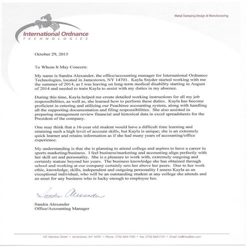 IOT Letter of Recommendation - Kayla Snyder | PDF