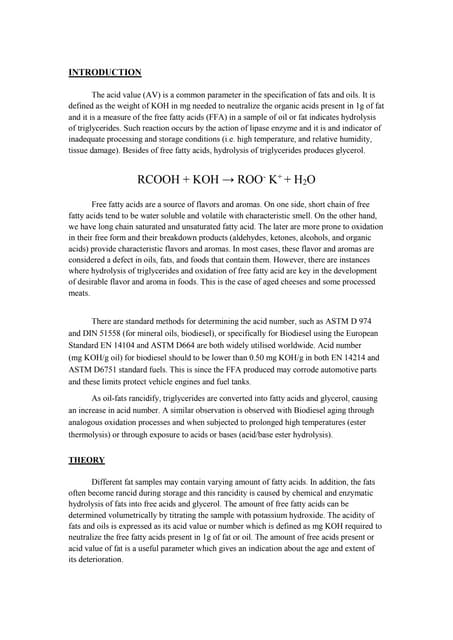 Determination of Acid value, Saponification value and Ester value | PPT