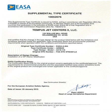 A319 EASA STC 10052076_CERT_REV_0_20150129 | PDF