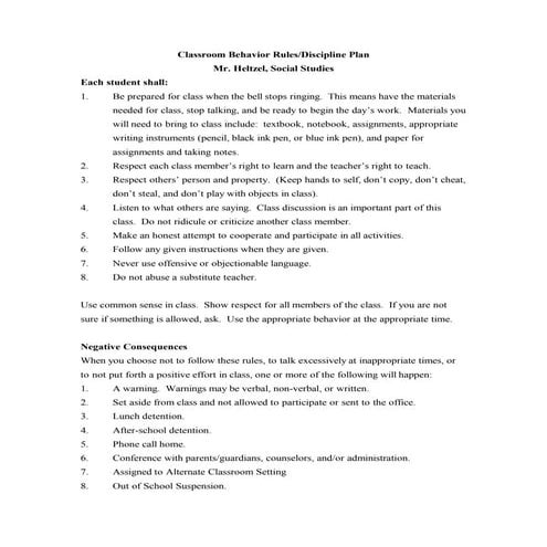 Discipline Plan For Classroom | DOC