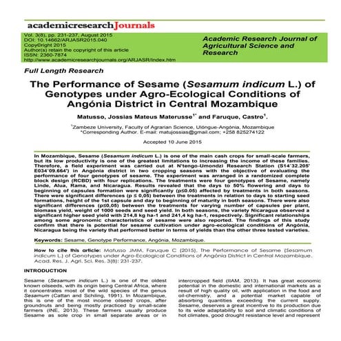 Performance of Sesame (Sesamum indicum L.) Under Different ...
