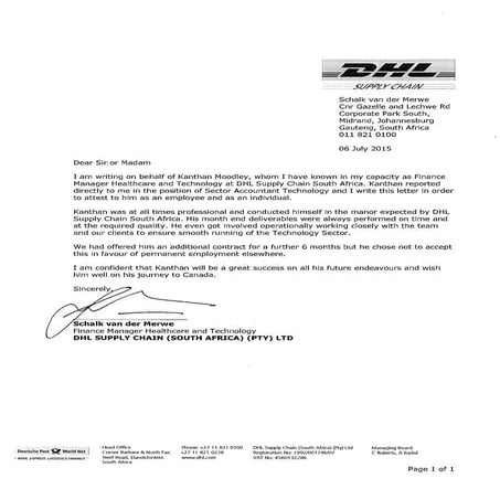 Letter of Recommendation - DHL Supply Chain South Africa | PDF ...