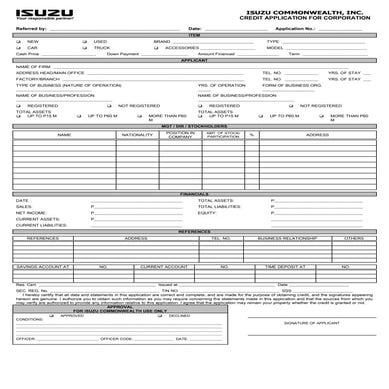 Isuzu Credit Application for Corporation | PDF