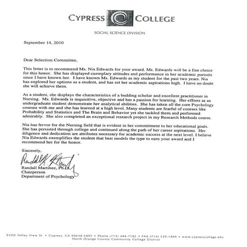 Letter of recommendation from Psych Prof | PDF