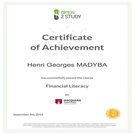 Certificate of Achievement in Financial Literacy | PDF