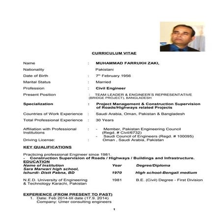 Cv zaki 17.11.2014 dhaka | DOC | Civil Engineering Industry | Industries