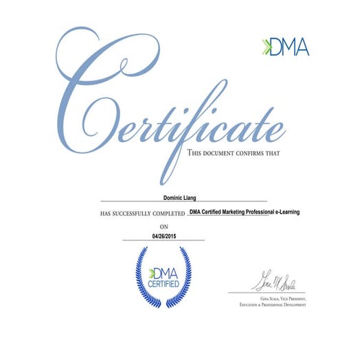 DMA Certificate - Dominic Liang | PDF | Marketing and Advertising ...