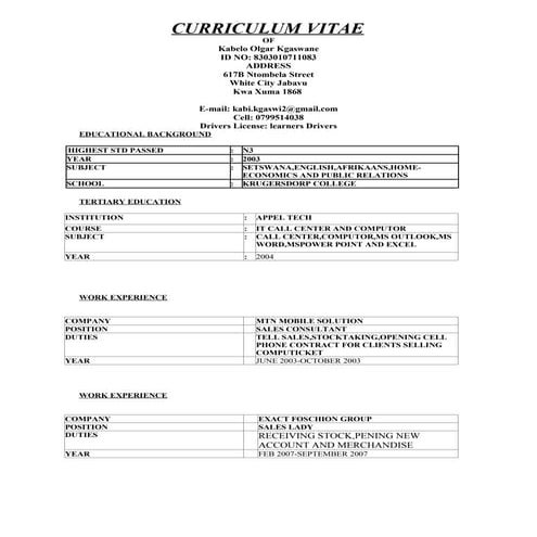 KABELO OLGAR KGASWANE CV2P | PDF