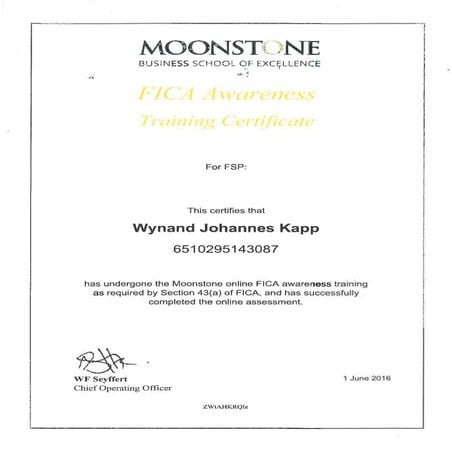 Wynand - FICA Awareness Training Certificate | PDF