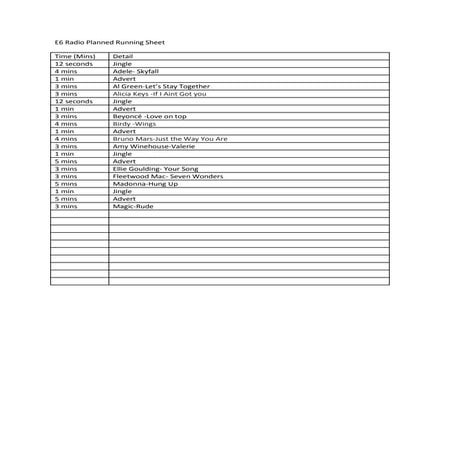E6 radio planned running sheet | DOCX