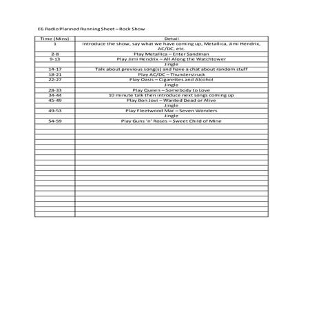 E6 radio planned running sheet (2) | DOCX | Rock Music | Music