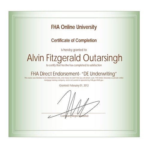 Certificate - FHA DE Underwriting | PDF
