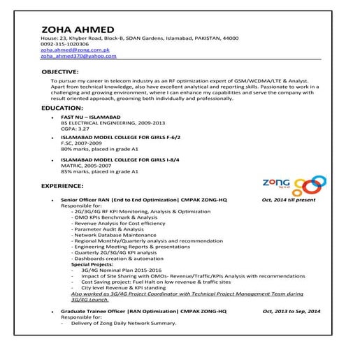 Zoha Ahmed (Senior Officer. RF Optimization) | PDF