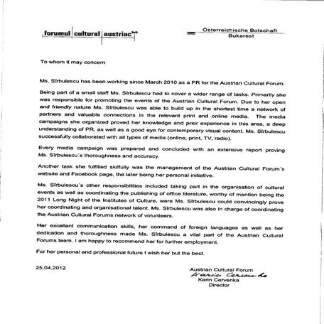 Recommendation Letter Karin Cervenka, director of culture | PDF