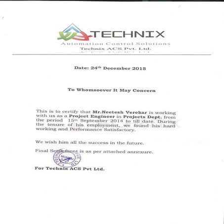 Technix- Experience Certificate | PDF
