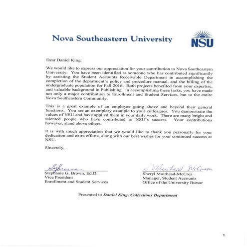 Daniel King ESS Appreciation Letter | PDF