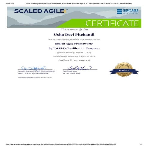 Usha Devi Pitchandi SAFE Agilist | PDF