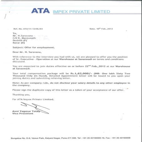 ATA & VOLVO-OFFER & EXP LETTER | PDF