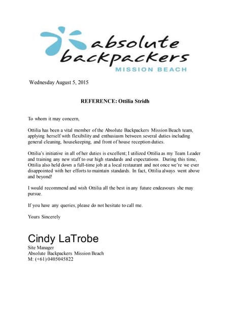 Reference letter The Royal Hotel | DOC