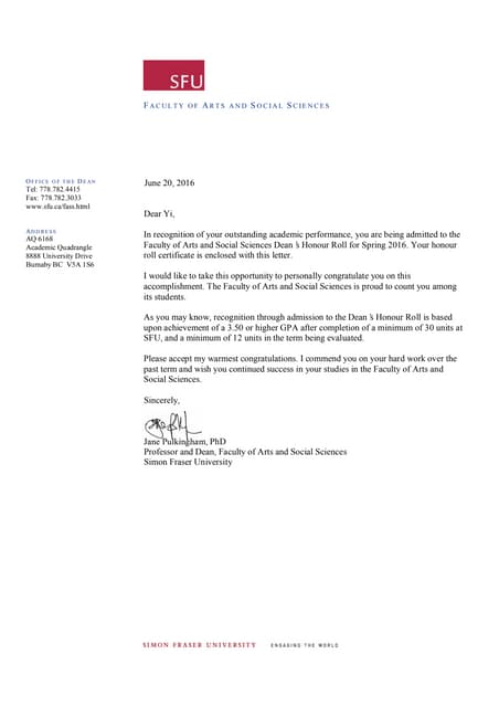 Dean's Honour Roll Letter and Certificate | PDF