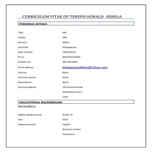 CURRICULUM VITAE OF Mpho Mabogwane12 | PDF