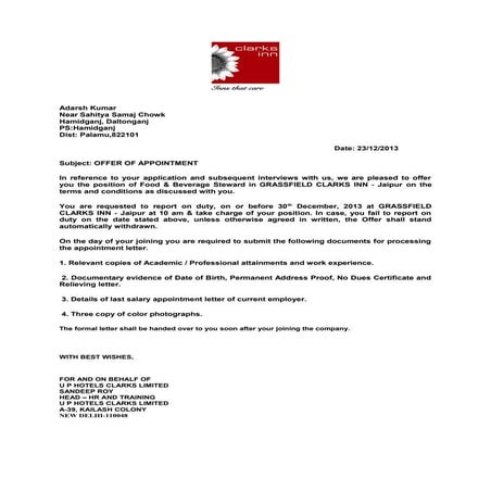 Offer Letter - Adarsh Kumar | PDF