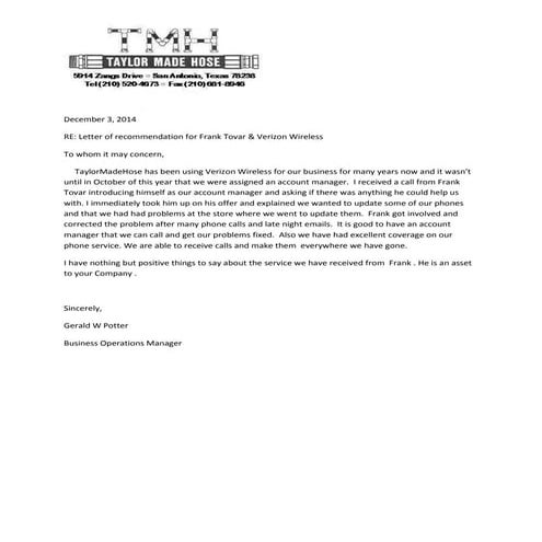 Taylor Made-Referral Letter Frank Tovar San Antonio Verizon Business ...