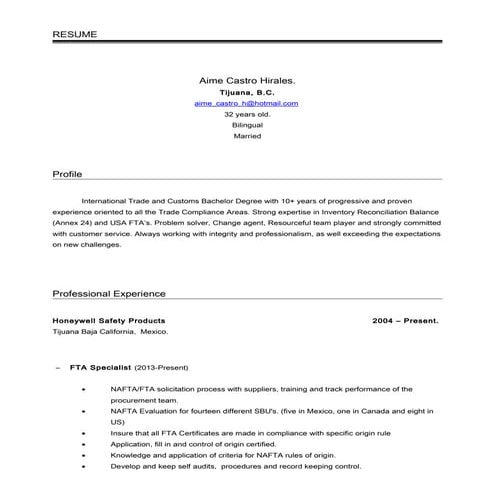 Aime´s Resume 2015_2904 | DOC | Logistics | Business