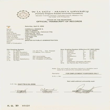 De La Salle - Official Transcript of Records | PDF