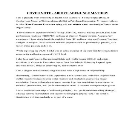 cover note | DOC | Undergraduate Education | College Education