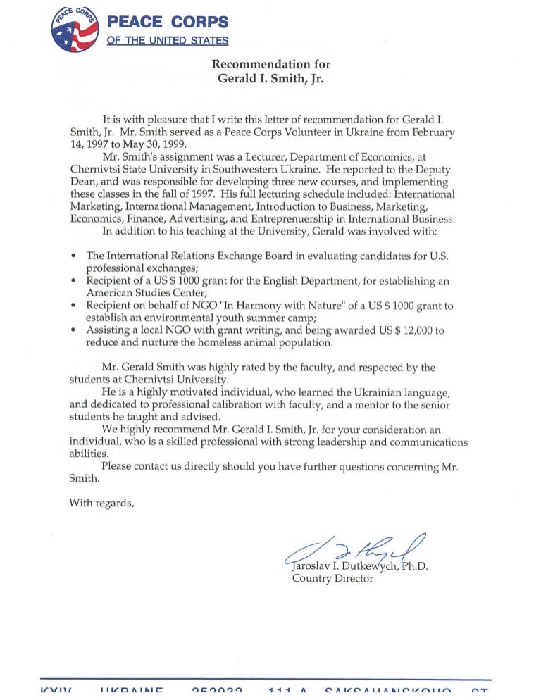 letters of recoommendation from Peace Corps