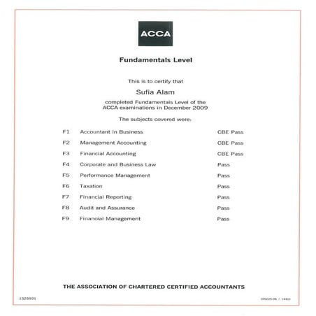 ACCA Mark Sheet 2009 and 2010 - SUFIA | PDF