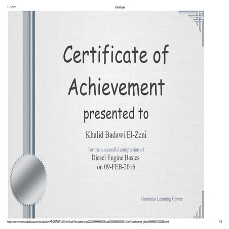 Certificate Diesel Engine Basics | PDF