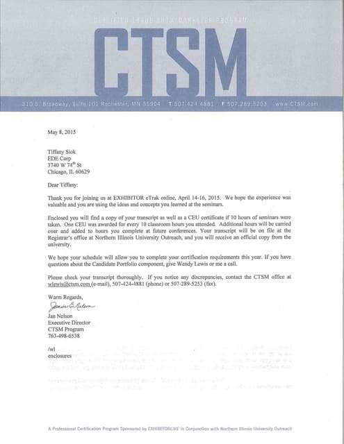 CTSM - certificate of completion - Exhibitor 2016 | PDF