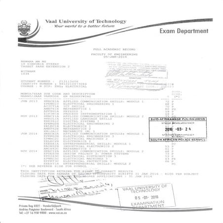 Nkwana Academic record VUT | PDF