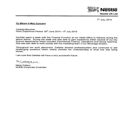 Nestle Recommendation Letter 2014 | PDF
