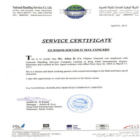 Service Certificate | PDF