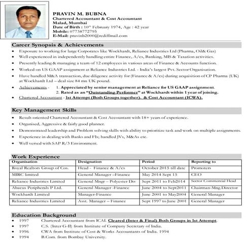 CA_Pravin Bubna_CV | DOCX | Mergers and Acquisitions | Business Banking & Finance