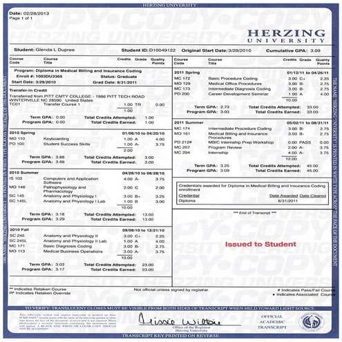 Herzing Univ Transcript | PDF