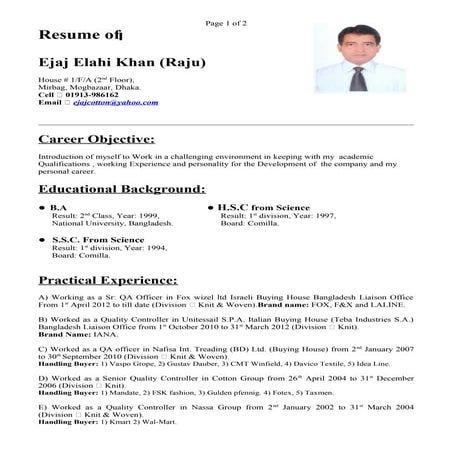 Resume of Ejaj Elahi Khan With Picture. | DOC | Apparel Industry ...