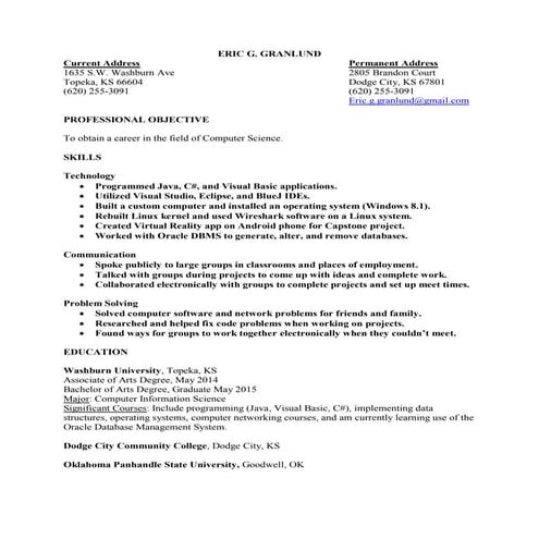 Computer Science Resume Eric Granlund | PDF | Programming Languages | Computing
