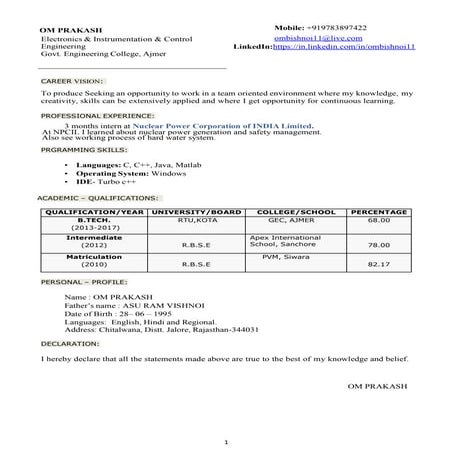 resume for freshers | PDF