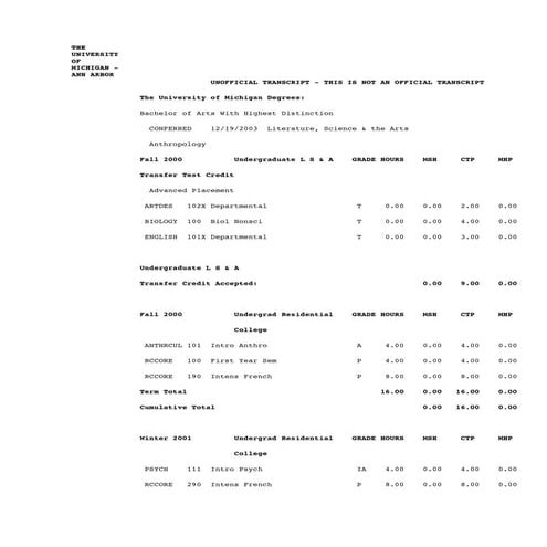 Catherine McAran_Transcript_University of Michigan_AnnArbor | PDF