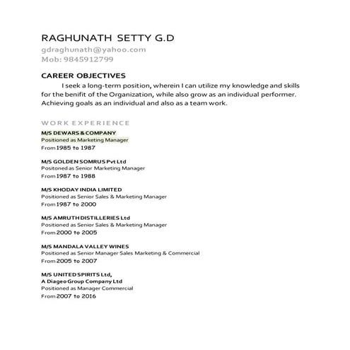 Raghunath setty resume 2016 | PDF
