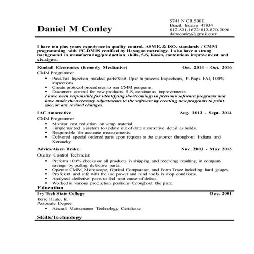 Daniel M Conley Oct. 2016 Resume | DOCX