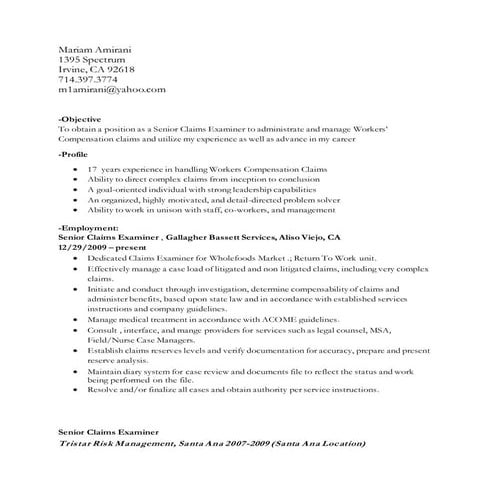 Resume Sample - Workers Compensation Claims | DOCX